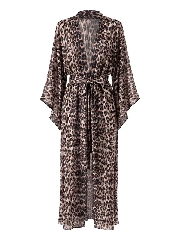 Loveist Store Leopard Print Silky Satin Kimono - Brown
