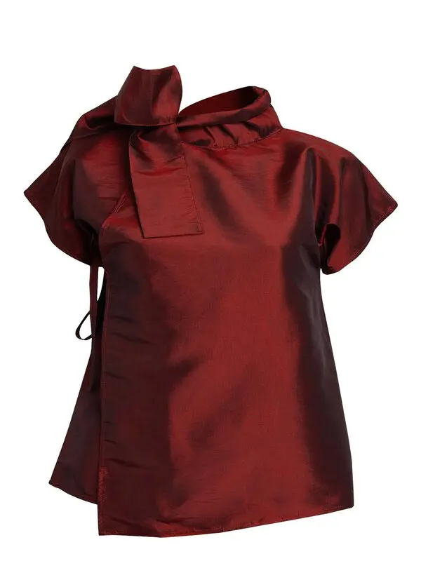 BIANCA POPP Halves Shoulder Ribbon Asymmetrical Blouse In Taffeta - Red