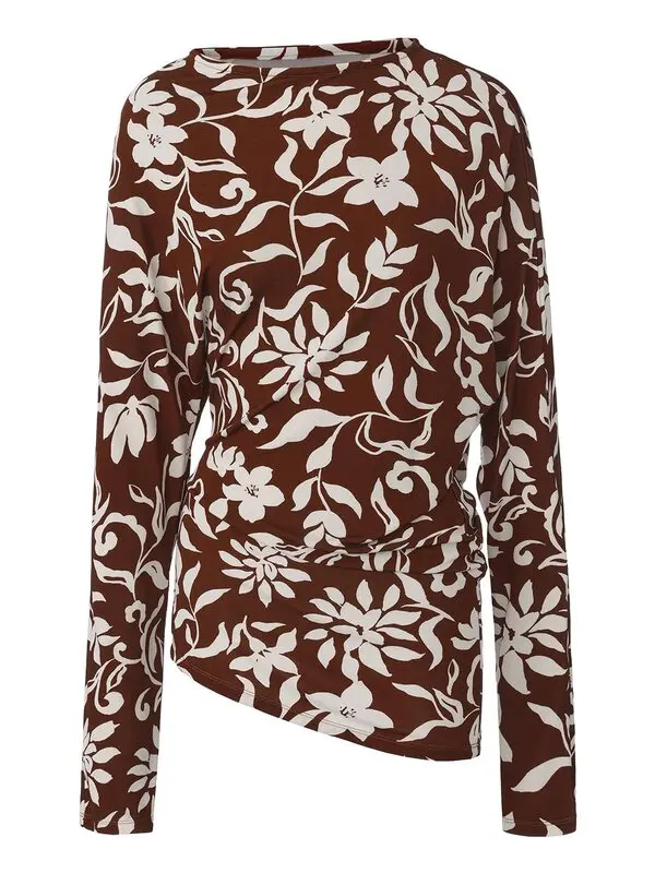 FRONT ROW SHOP Draped Floral Print T-shirt - Brown
