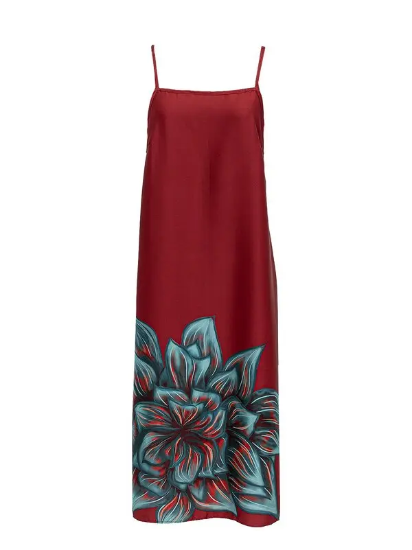 JANARA JONES Red / Blue Wine Blue Rose Print Satin Side-split Staight-neck Cami Top - Red/blue