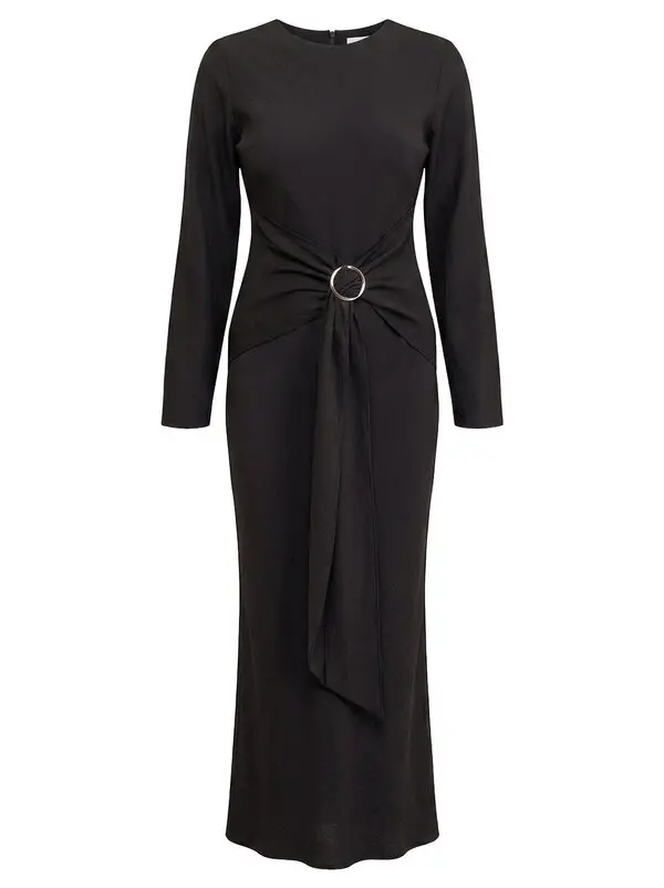 TANTRA SPAIN SL Long Fitted Dress With Long Sleeves And Adjustable Metallic Hoop Waistband - Black