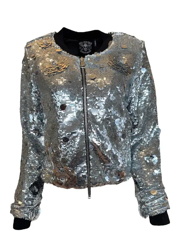 ANY OLD IRON Silver / Black Petal To The Metal Silver Sequin Bomber Jacket - Silver/black