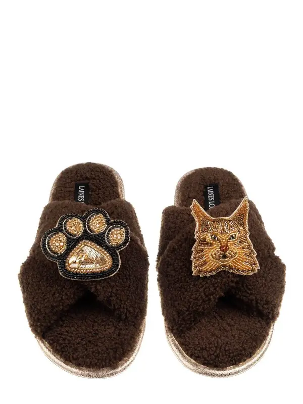 LAINES LONDON Neutrals Boucle Slippers With Paw & Ginger Maine Coon Cat Brooches Chocolate - Brown