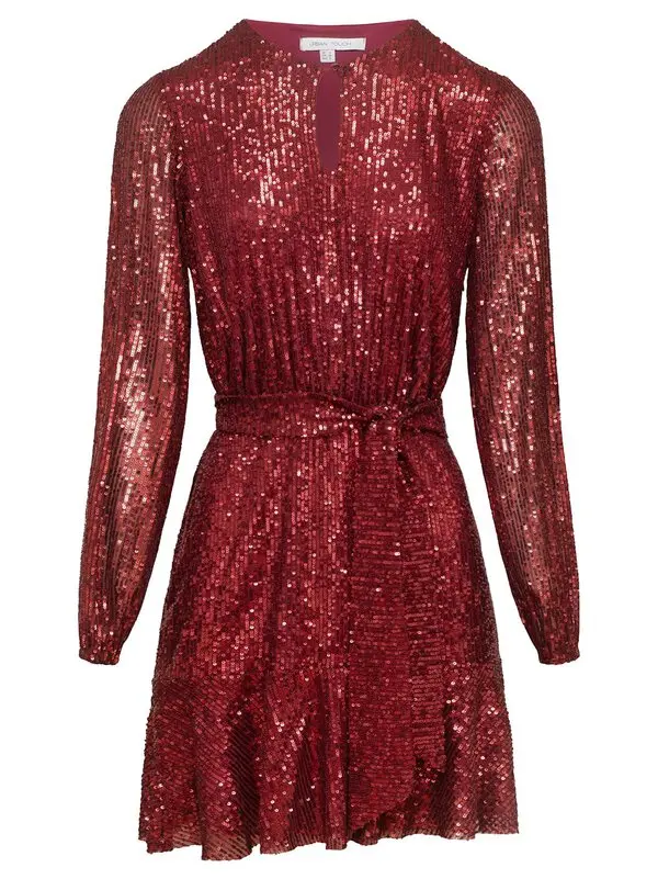URBAN TOUCH Sequin Skater Dress With Long Sleeve Burgundy - Red