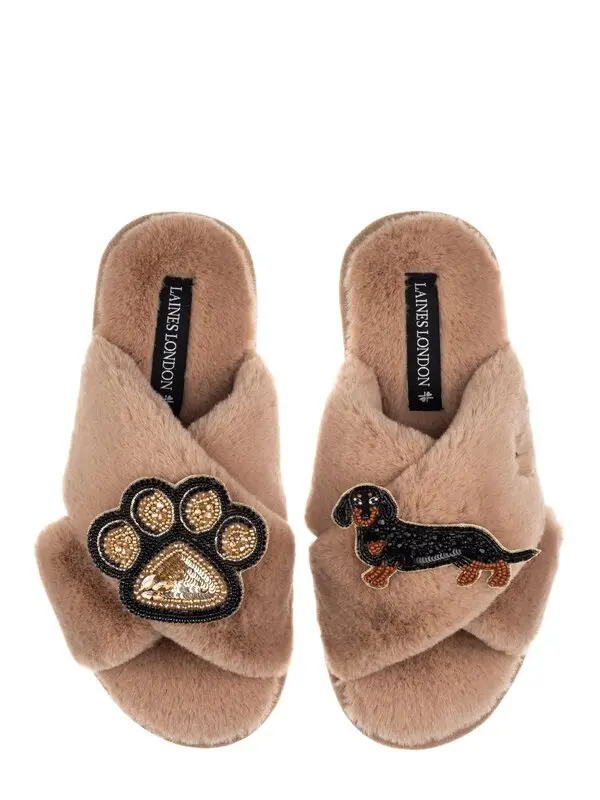 LAINES LONDON Neutrals Classic Laines Slippers With Paw & Black & Tan Dachshund Brooches Toffee - Brown