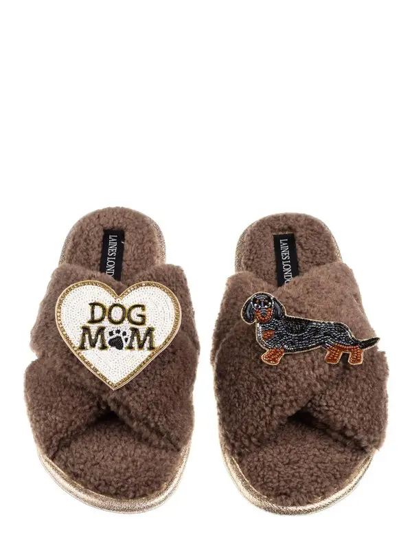 LAINES LONDON Neutrals Boucle Slippers With Dog Mum/mom & Dapple Dachshund Brooches Mink - Brown
