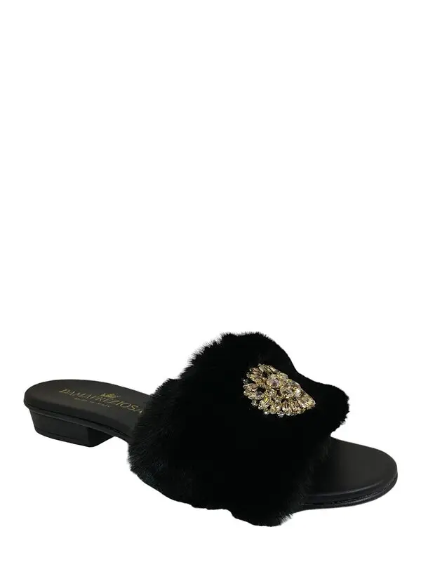 DAMAPREZIOSA Victoria Flat Sandal In Faux Fur With Crystals - Black