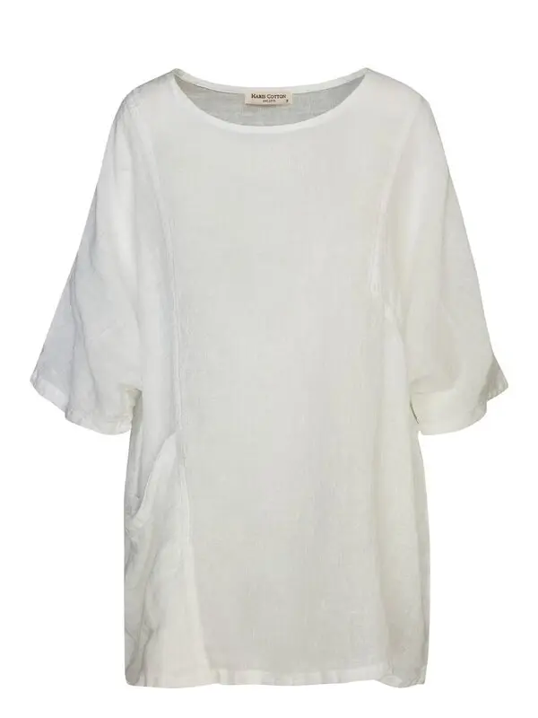 Haris Cotton Front Pocket Curve Linen Gauze Blouse With Batwing Sleeve - White