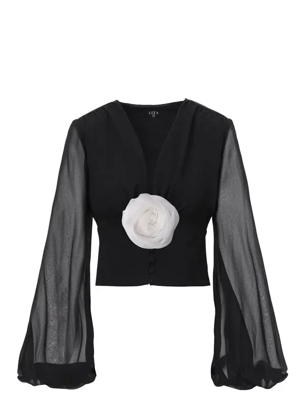 LITA COUTURE Ample-sleeve Georgette Silk Top - Black