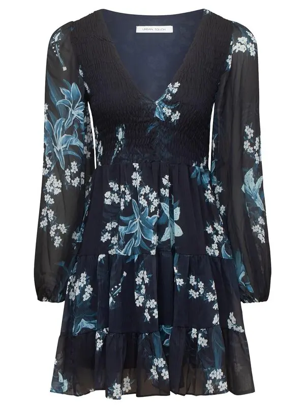 URBAN TOUCH Floral Print Long Sleeve Smock Dress Navy - Blue