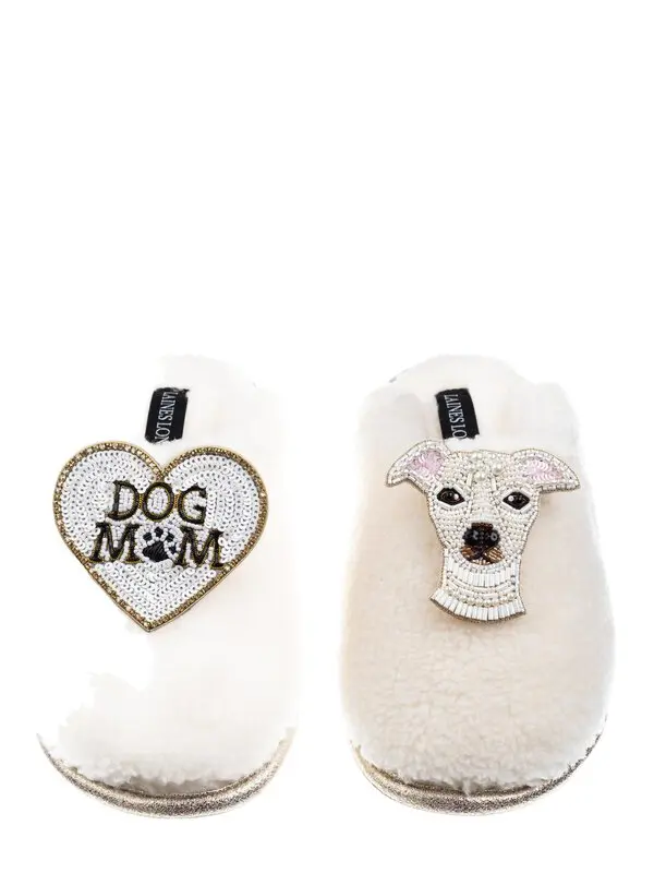 LAINES LONDON Teddy Closed Toe Slippers With Olive The Italian Greyhound & Dog Mum / Mom Brooches Cream - White