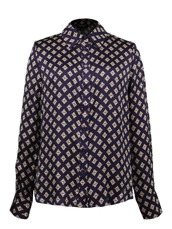SMART AND JOY Graphic Print Satin Long Sleeves Shirt Navy - Blue