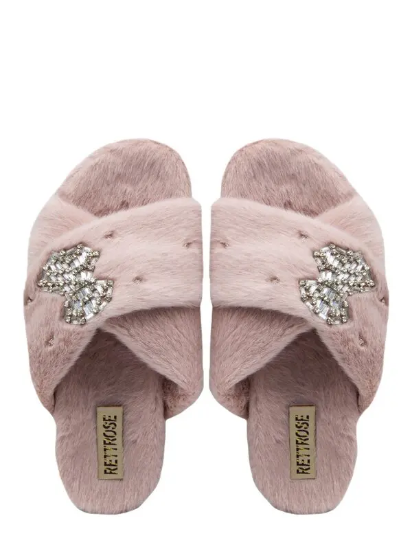 RETTROSE Neutrals Fefe Nude Luxury Plush Diamanté Bow Embellished Handmade Slipper - Grey