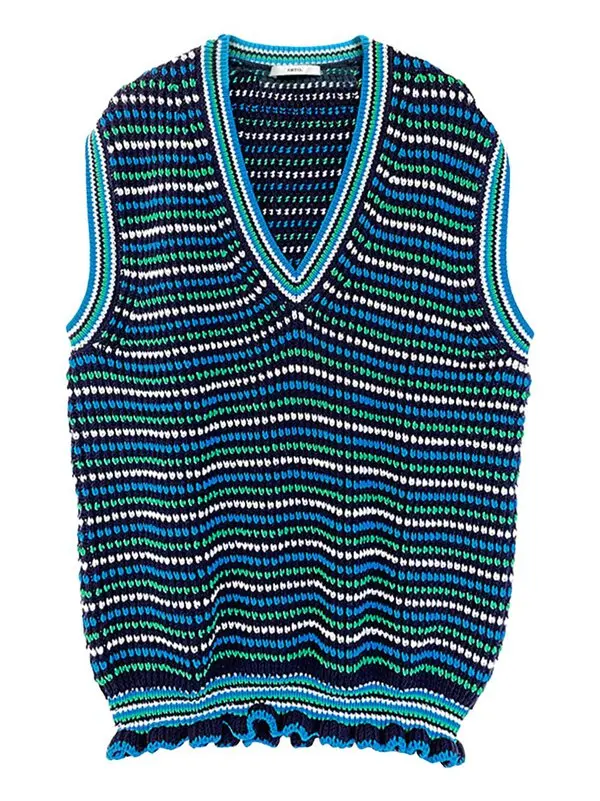 ARTO. Yeah! Cozy Wool Blend Ruffles Stripes Oversized Vest - Green