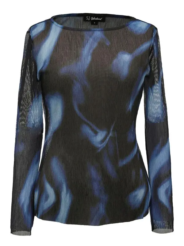 SMART AND JOY Abstract Print Mesh Long Sleeves Top - Blue