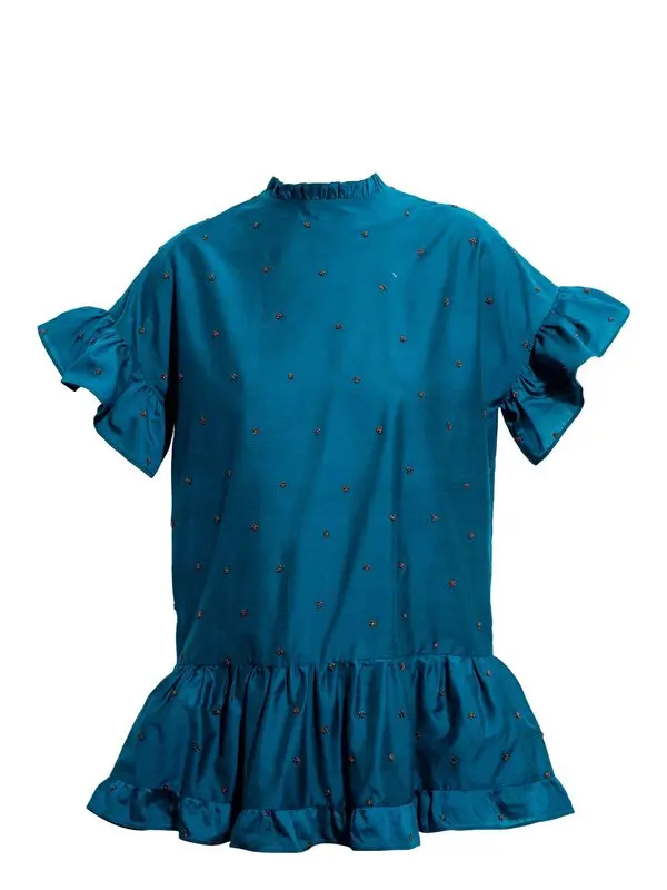 KAROLINA OZOLINSIUTE Teal Embroidered Top With Ruffle Sleeves And Peplum - Blue