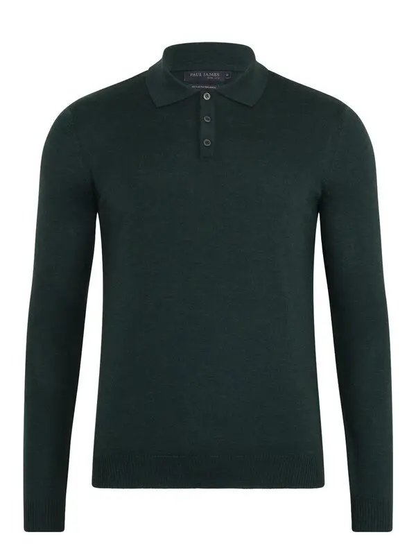 PAUL JAMES KNITWEAR Extra Fine Merino Wool Turner Long Sleeve Polo Shirt Olive - Green