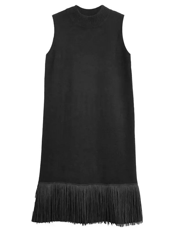 ZENZEE Cashmere Mockneck Shift Dress With Fringe Hem - Black