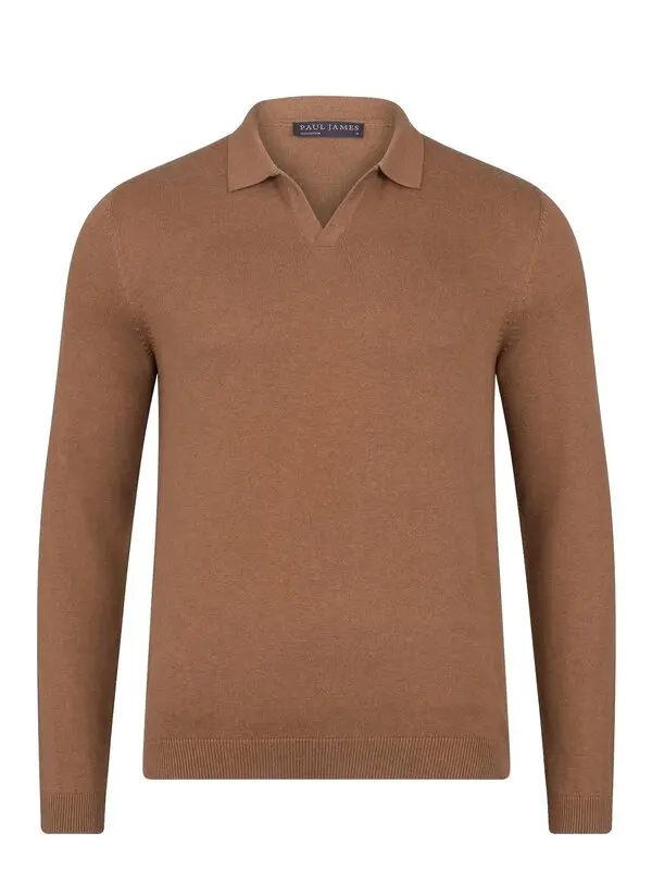 PAUL JAMES KNITWEAR Lightweight Cotton Lyndon Buttonless Polo Shirt Camel - Brown
