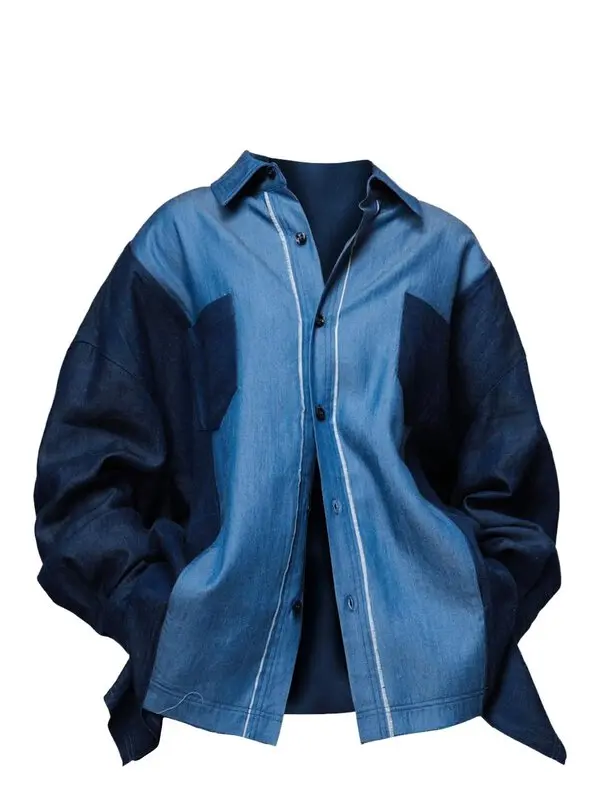 STORY WEAR Family Bros Oversized Two-tone Patchwork Frayed Shirt - Blue