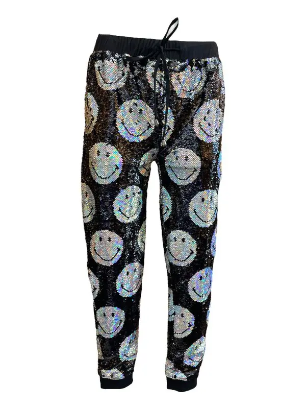 ANY OLD IRON Black / Silver Iridescent Smiley Reversible Sequin Joggers - Black/silver