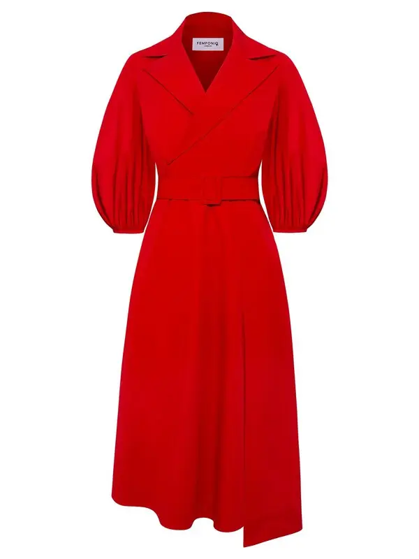 FEMPONIQ Wide Lapel Asymmetric Belted Midi Cotton Dress Deep - Red