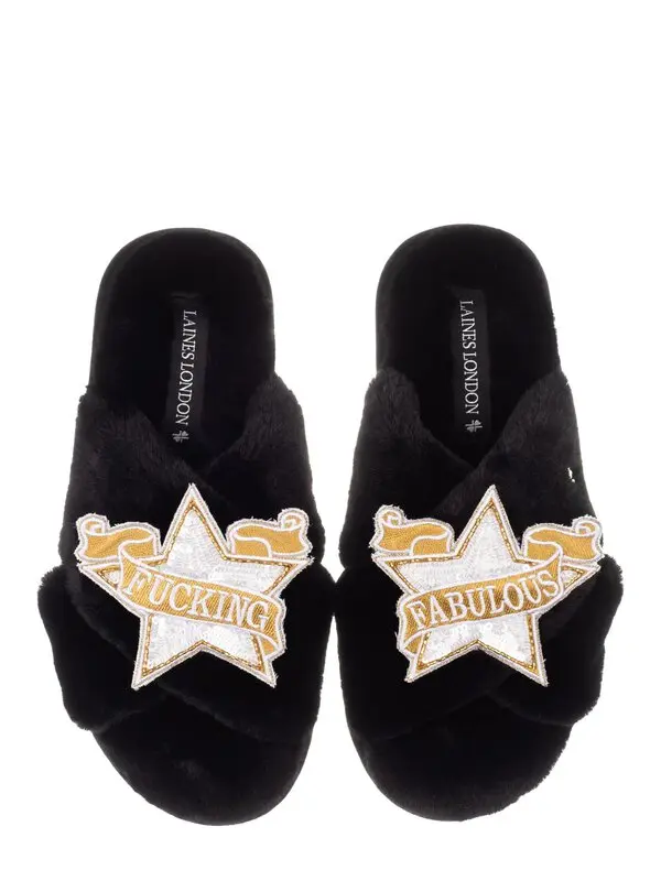 LAINES LONDON Classic Laines Slippers With Fucking Fabulous Brooches - Black