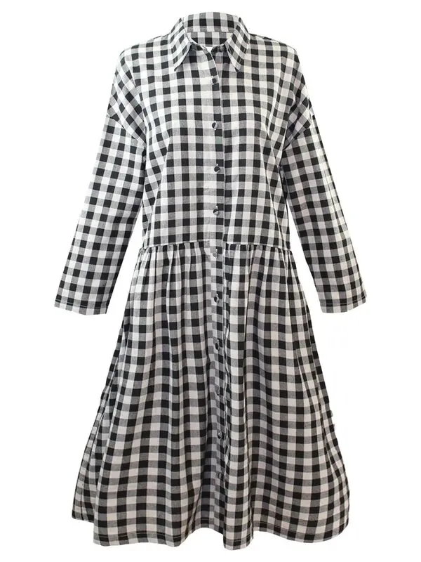 ZENZEE Neutrals Cotton Linen Gingham Shirt Dress & Natural - Black