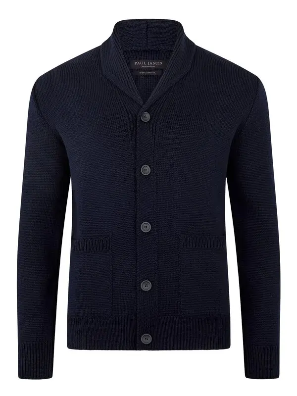 PAUL JAMES KNITWEAR Chunky Merino Wool Marello Shawl Collar Cardigan Navy - Blue