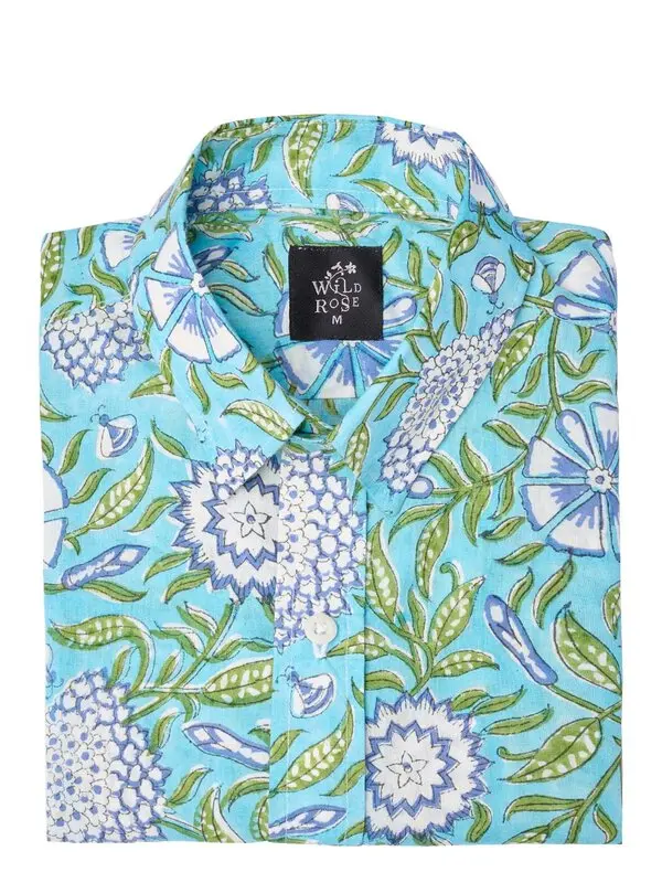 WILD ROSE Shauku Hand Block Print Cotton Long Sleeved Floral Shirt - Blue