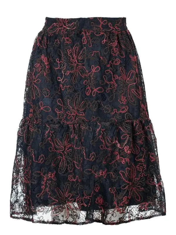 CONQUISTA Lace Skirt With Dark Red Stitching – Viscose-wool Blend, Below Knee, Elastic Waist - Black