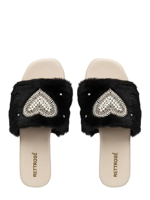 RETTROSE Lilah Luxury Plush Diamanté Embellished Handmade Sliders - Black