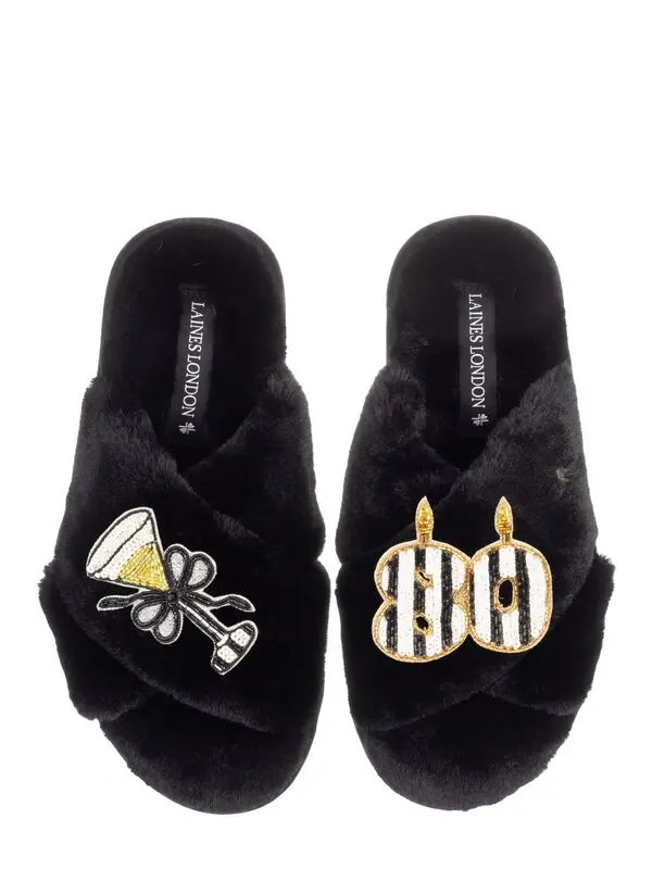 LAINES LONDON Classic Laines Slippers With Stripe 80 Th Birthday & Glass Of Champagne Brooches - Black