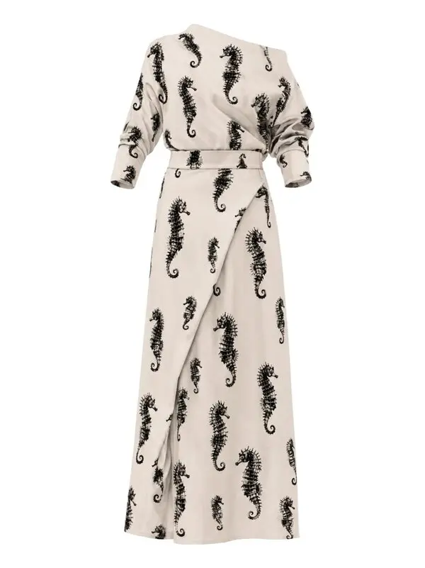 JULIA ALLERT Seahorse Print Boat Neck Blouse And Wrap Skirt Co-ord Set - Beige