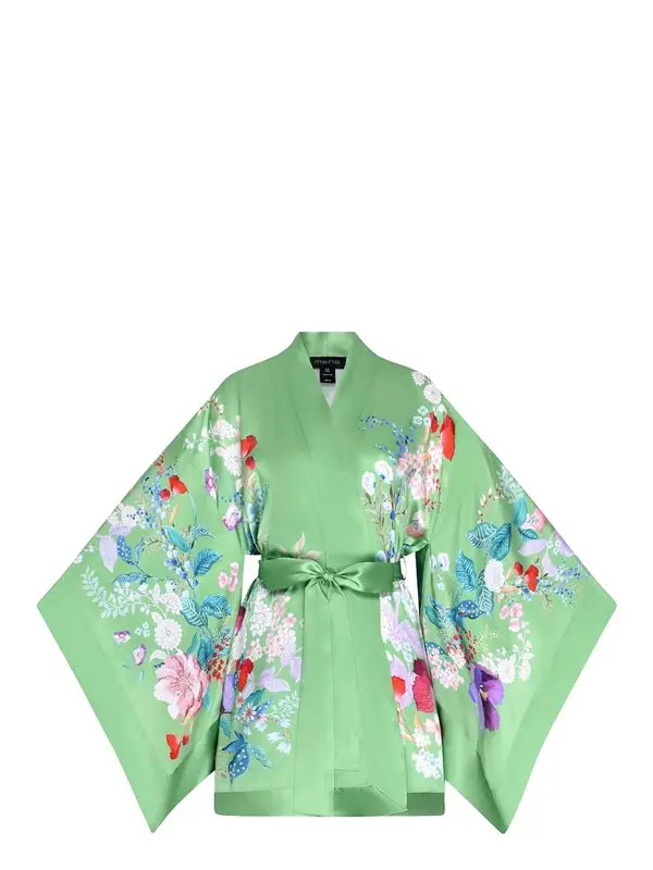 MENG Paris Watercolour Flowers Silk Satin Short Kimono - Green