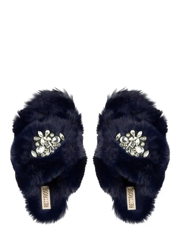 RETTROSE Audrey Navy Luxury Plush Diamanté Heart Embellished Handmade Slipper - Blue