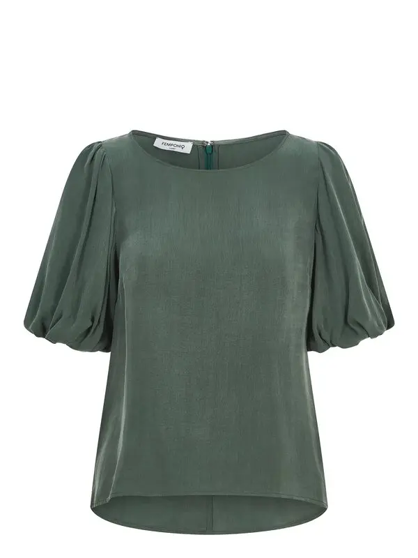 FEMPONIQ Puff Sleeve Cupro Blouse - Green