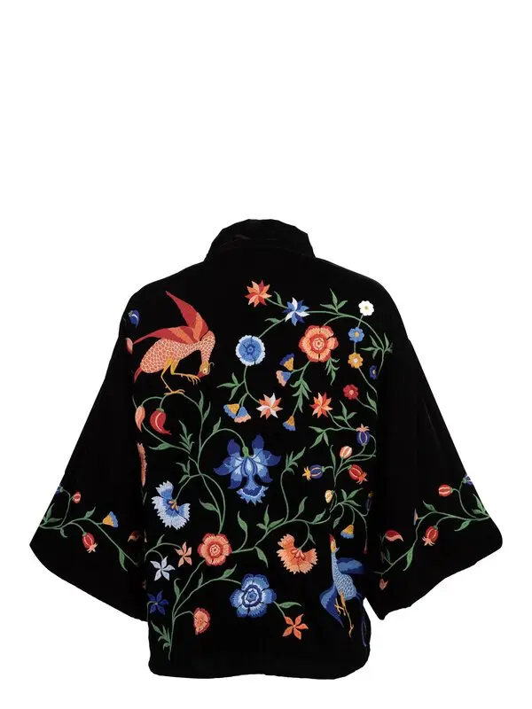 ARTEMIS MUSE Regal Floral & Bird Embroidery Velvet Luxury Kimono - Black