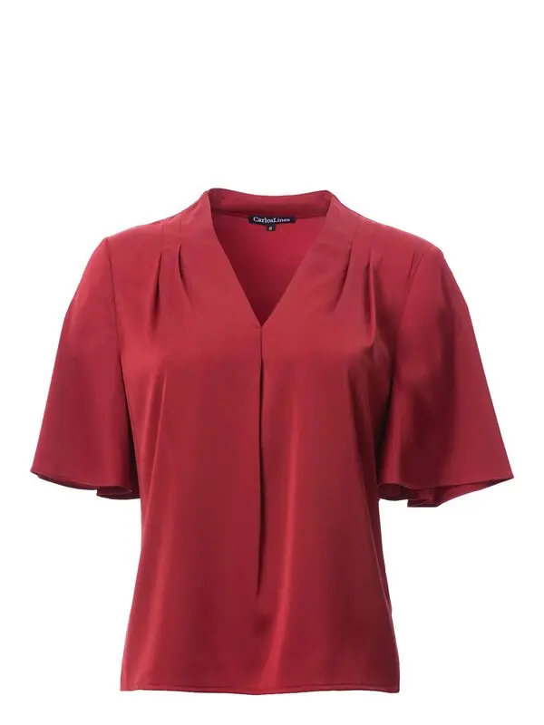 CARLOSLINES V-neck Pleat Detail Flutter Sleeve Blouse In Burgundy Solid - Red