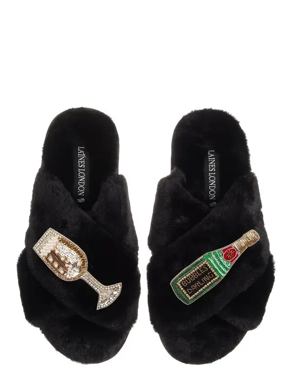 LAINES LONDON Classic Laines Slippers With Bubbles Darling Brooches - Black