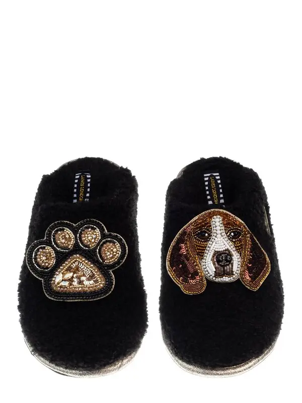 LAINES LONDON Teddy Closed Toe Slippers With Beagle & Paw Brooches - Black