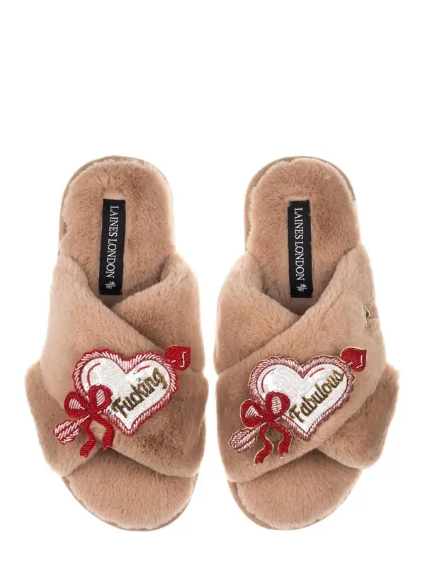 LAINES LONDON Neutrals Classic Laines Slippers With Fucking Fabulous Hearts Brooches Toffee - Brown
