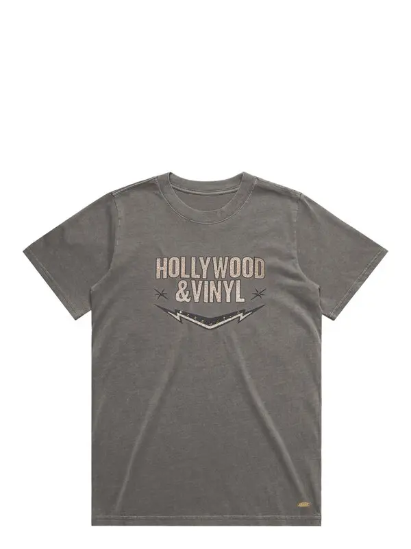 BLACK CAKE Hollywood & Vinyl Rock N Roll Bling Bling Glitter Heavy Faded Tee - Grey