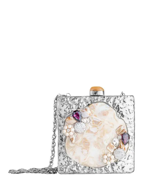 AMAANALUX Mother Of Pearl Gem Clustered Metal Clutch - Silver