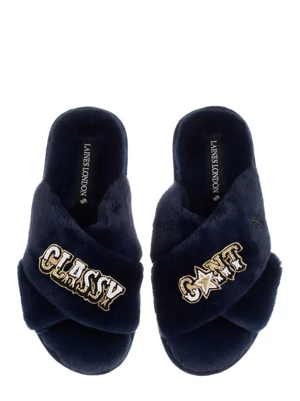 LAINES LONDON Classic Laines Slippers With Classy Cunt Brooches Navy - Blue