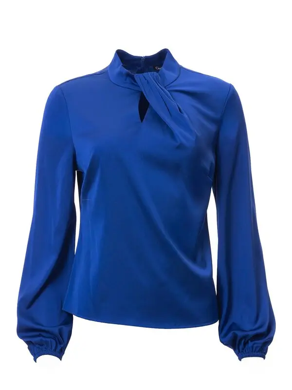 CARLOSLINES Draped Mock Neck Long Sleeve Shirt In Cobalt Solid - Blue
