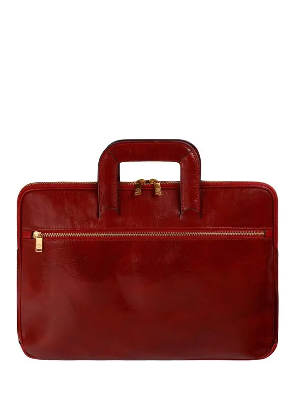 TIME RESISTANCE Leather Briefcase Laptop Bag In Brave New World - Red
