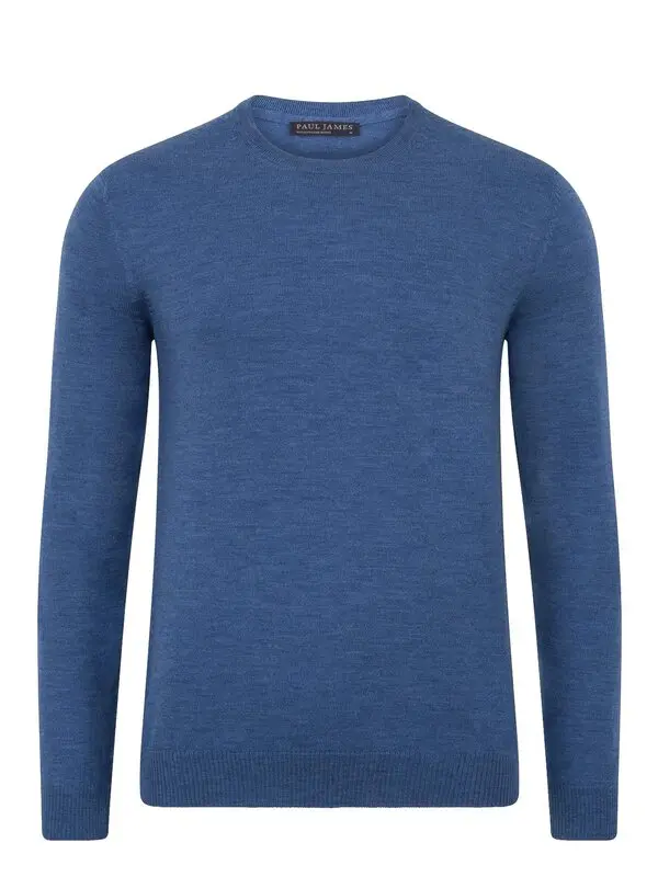 PAUL JAMES KNITWEAR Extra Fine Merino Wool Callington Crew Neck Jumper Denim Blue - Grey