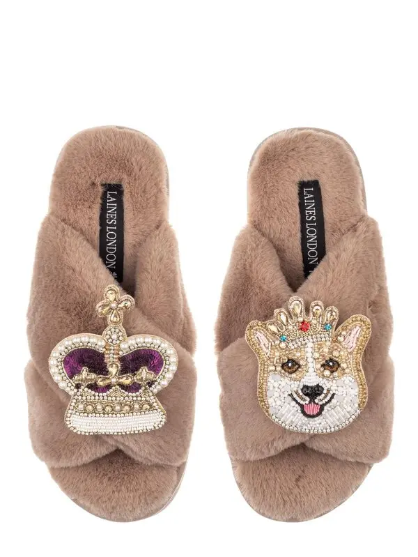 LAINES LONDON Classic Laines Slippers With Artisan Sandy The Corgi & Royal Crown Brooches Toffee - Brown