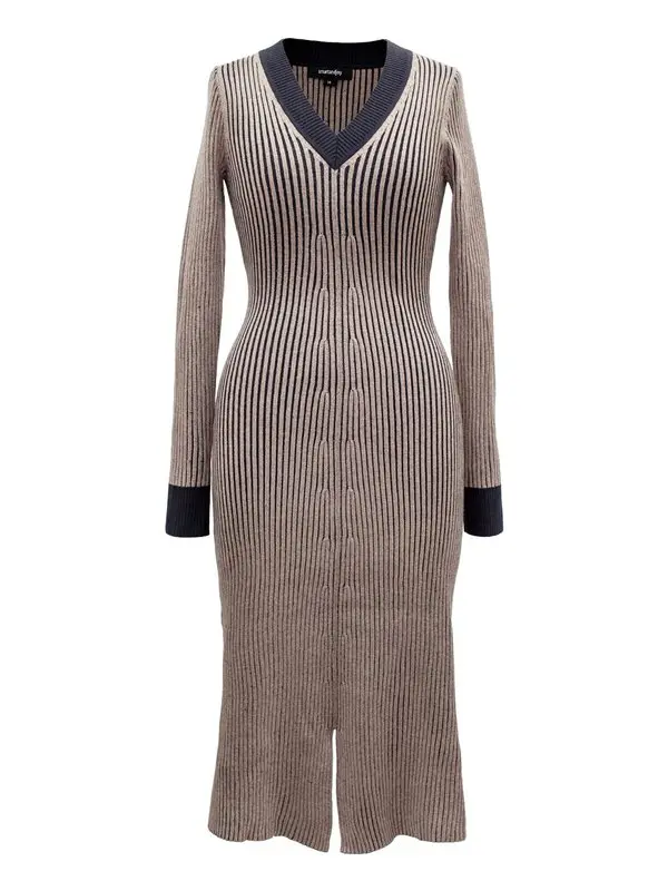 SMART AND JOY Bi Color V Neck Jumper Dress - Brown